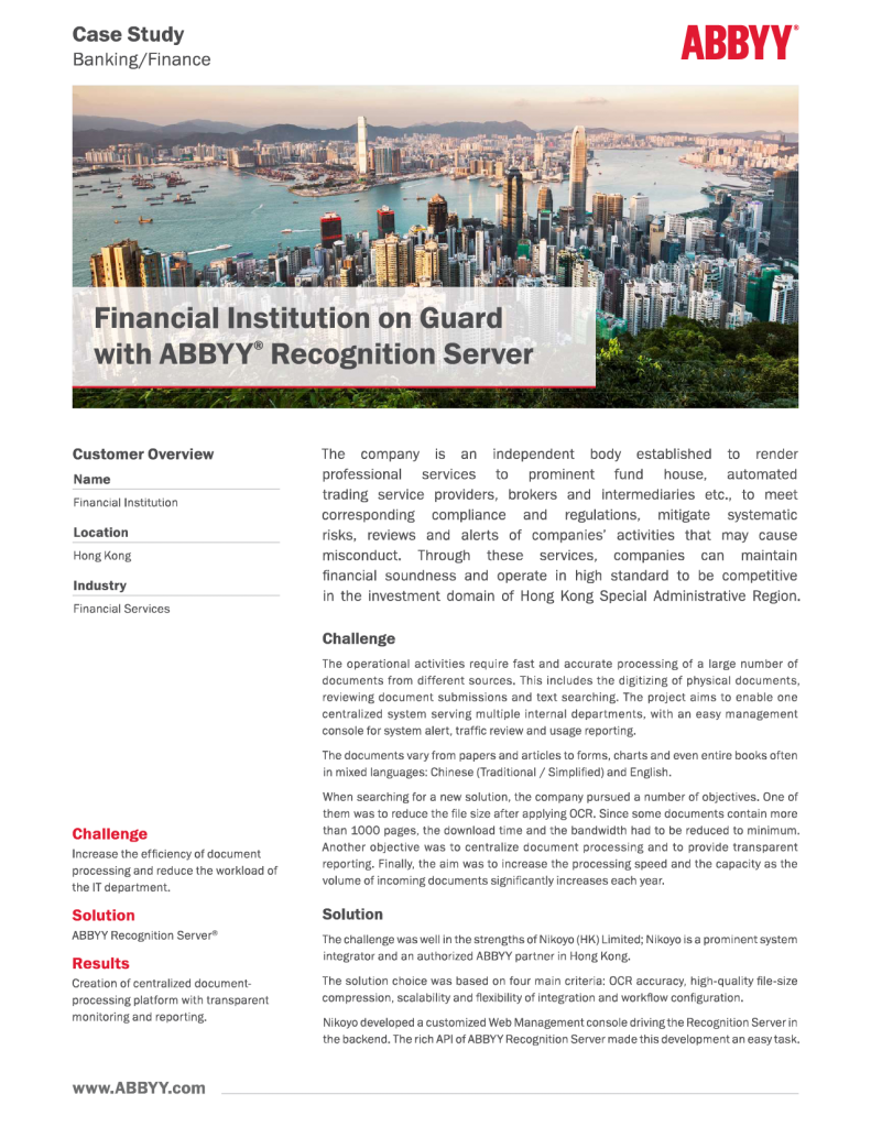 ABBYY® Recognition Server protects financial institution - Nikoyo